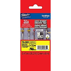 Brother 1/2" (12mm) Black Print on Yellow Extra Strength Adhesive P-Touch Tape for Brother PT-2730, PT2730 Label Maker