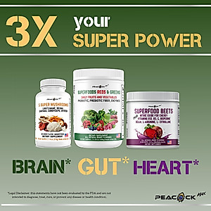 Peacock Max Superfoods Reds and Green Organic Daily Supplement Powder for Immunity, Bloating and Gut Health, Plant-Based, Vegan, Non-GMO Formula with Antioxidants, Prebiotics and Probiotics 11.64 oz