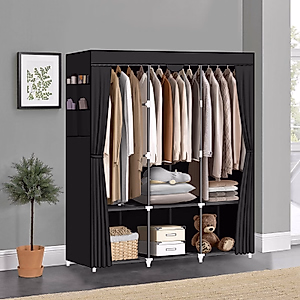 LOKEME Portable Closet, Portable Closets for Hanging Clothes with 3 Hanging Rods and 6 Storage Shelves and 4 Side Pockets, Black Wardrobe Closet Easy to Assemble and Strong and Stable
