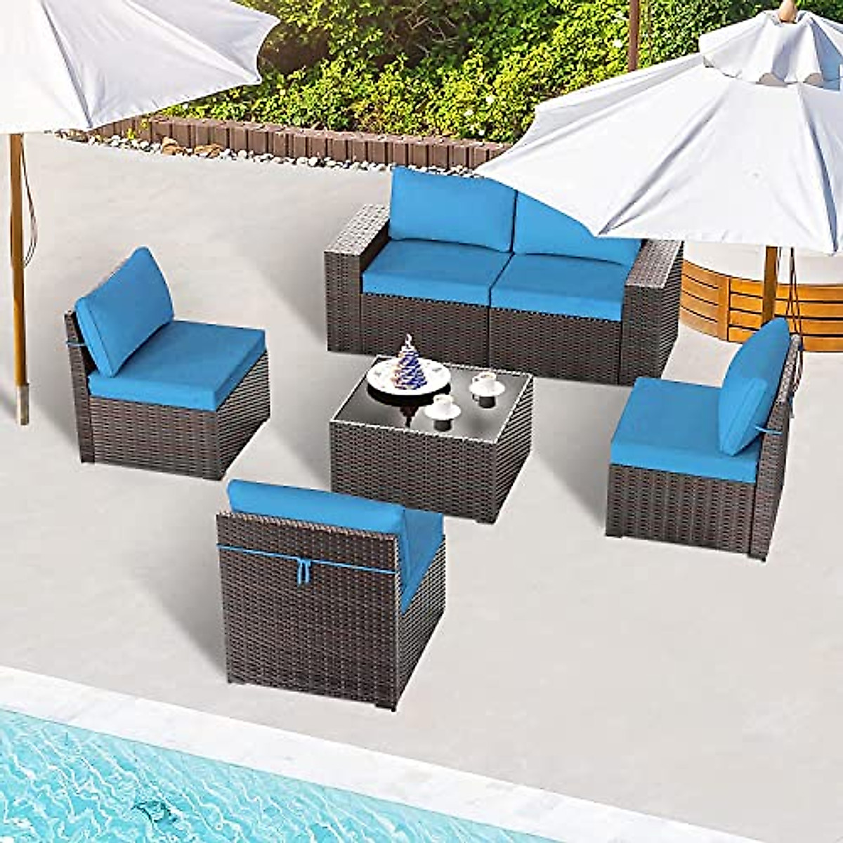 Grezone 6 Pieces Patio Outdoor Furniture Sets All Weather Wicker Sectional Sofa Couch Lawn Sectional Furniture with Washable Couch Cushions and Black-Glass Table (Blue)
