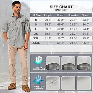 Mens Safari Shirt Fishing Hiking Clothes SPF 50 Sun Protection Long Sleeve Outdoor Quick Dry Vented Breathable Cool Utility Cargo Shirts (5068 Light Grey 3XL)