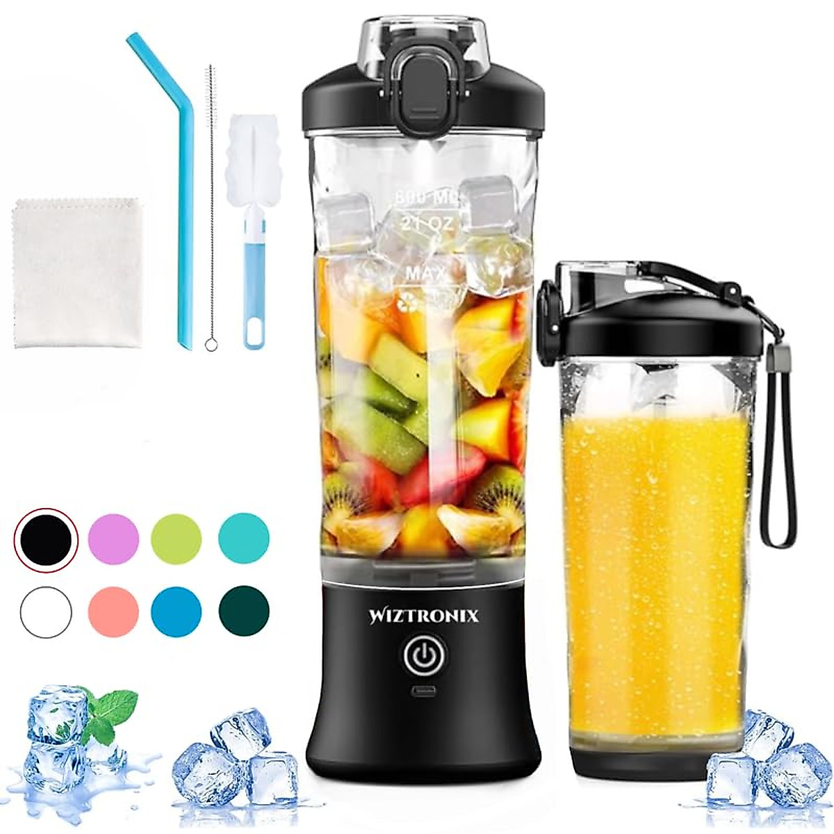 WIZTRONIX Cordless 21oz Portable Blender BPA Free With Personal Blender Cup, Best For Smoothie, Shakes, and Cocktails, With Durable Stainless Steel Blades, USB-C Rechargeable in Peach - Black