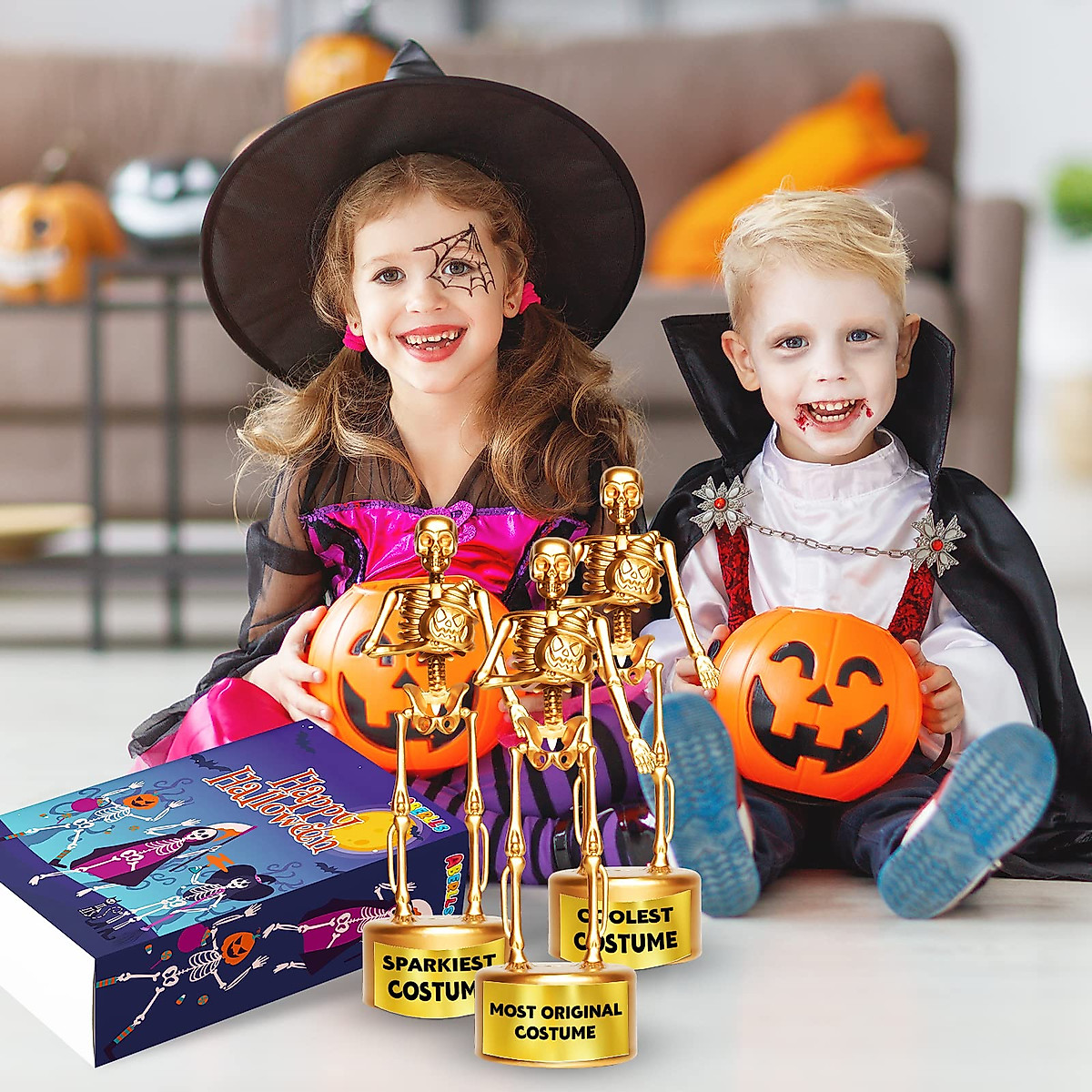 6 Halloween Best Costume Skeleton Trophy, Halloween Skull Party Favor Prizes, Halloween Party Supplies Gold Bones Game Awards, Costume Contest Event Trophy, School Classroom Rewards for Kids(B)