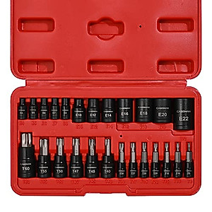 CASOMAN 25 Piece Torx Bit Socket and External Socket Set, 13 Star Socket Bits (T8- T60)& 12 Female E-Torx Sockets (E4-E22)