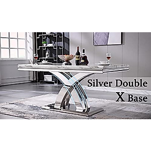 AZhome Dining Room Table, 65" White Dining Room Table, Grey Rectangle Tabletop and Silver Mirror Metal Double X Base, Modern Luxury Dining Table Set for 4 to 6 Dining Room