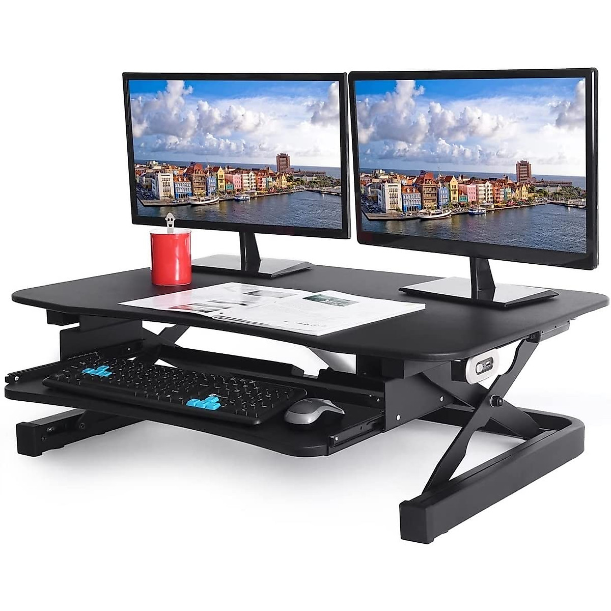 ApexDesk ZT Series Height Adjustable Sit to Stand Electric Desk Converter, 2-Tier Design with Large 36x24 Upper Work Surface and Lower Keyboard Tray Deck (Electric Riser, Black)