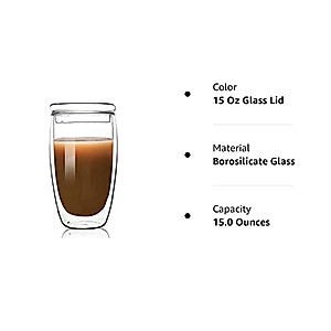 ZHMTang 1 Piece of Double-walled Borosilicate Glass Mug Tumbler for Coffee, Milk, Tea (15 Oz Glass lid)
