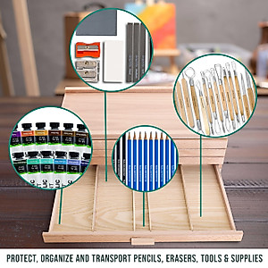 U.S. Art Supply 4 Drawer Wood Artist Supply Storage Box - Pastels, Pencils, Pens, Markers, Brushes