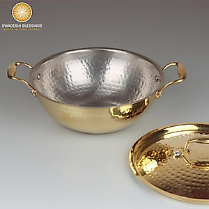 Swadeshi Blessings Exclusive Range Brass Kadai for Cooking with Lid/Teflon-Free/Naturally Non-Stick Brass Utensils with Tin Coating (2 Litres)