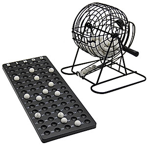 Lulu Home Bingo Game Set , 8 Inch Metal Bingo Cage Include 3/5 Inch White Balls, Bingo Chips, Bingo Board, 18 Bingo Cards, Black