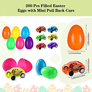 200 Pcs Filled Easter Eggs with Mini Pull Back Cars Include 100 Pcs Mini Pull Back Cars and 100 Pcs Colorful Easter Egg Cars Toy Vehicles for Easter Basket Stuffers Easter Eggs Hunt and Party Favors