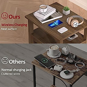 FAGAGA End Table with Charging Station, Side Table with Storage, Wireless Charging End Table for Living Room,Dark Walnut Nightstand with Adjustable Shelf