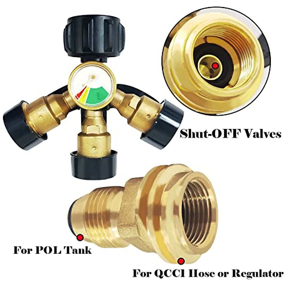 NQN Upgraded 3 Way Propane Splitter QCC/POL with Gauge and Shut-Off Valve, Propane Tank 3 Y Splitter Adapter, Propane LP Tank Fuel Tee Gauge Adapter Fitting 3 Way Propane Gas Splitter for Propane Tank