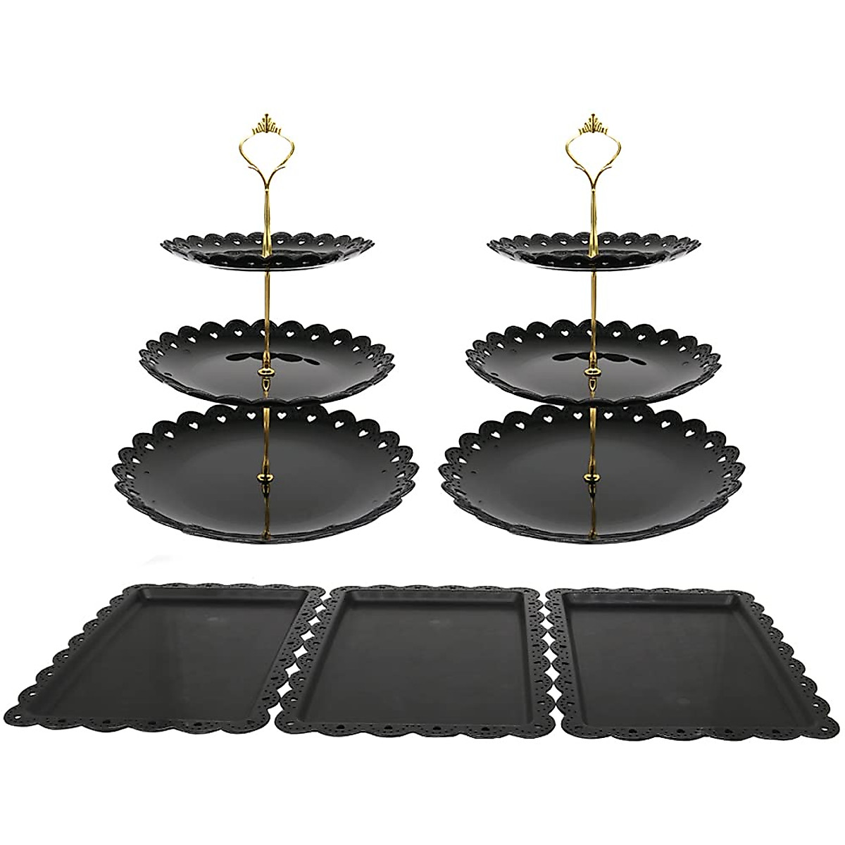 Set of 5 Party Cupcake Stand Includes 2 Pcs 3 Tier Cake Stand + 3 Rectangle Plastic Serving Trays for Wedding Birthday Baby Shower Tea Party (Black)
