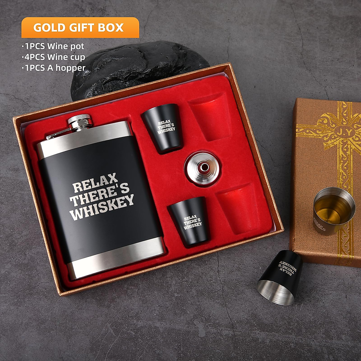 Hip Flask Gift Set for Men, Stainless Steel Leak-proof Engraved Flask for Liquor with 4 Cups and Funnel, Food-grade Black Flask, Gift Box for Wedding Party Groomsman Climbing Hiking Picnic
