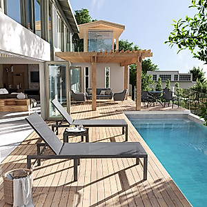 Amopatio Patio Chaise Lounge Set of 3, 24.4" Wider Outdoor Lounge Chairs with Table, Textilene Pool Chaise Lounge for Sun Tanning Lay Flat Poolside Lounger for Beach, Lawn, Grey