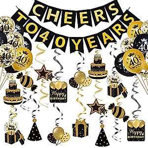 Mocossmy 40th Birthday Party Decorations Kits,Happy Birthday Hanging Swirls & Cheers Birthday Banner & Balloons Black and Gold Birthday Party Supplies for Women Men Gifts Indoor Outdoor Birthday Decoration