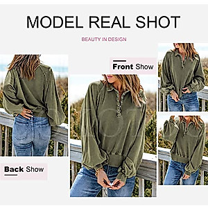 Dokotoo Women's Fashion Hoodies & Sweatshirts Lantern Long Sleeve Button Collar Crewneck Oversized Pullovers Winter Sweatshirts for Women Loose Fit Casual Ladies 2023 Fall Shirt Tops Green L