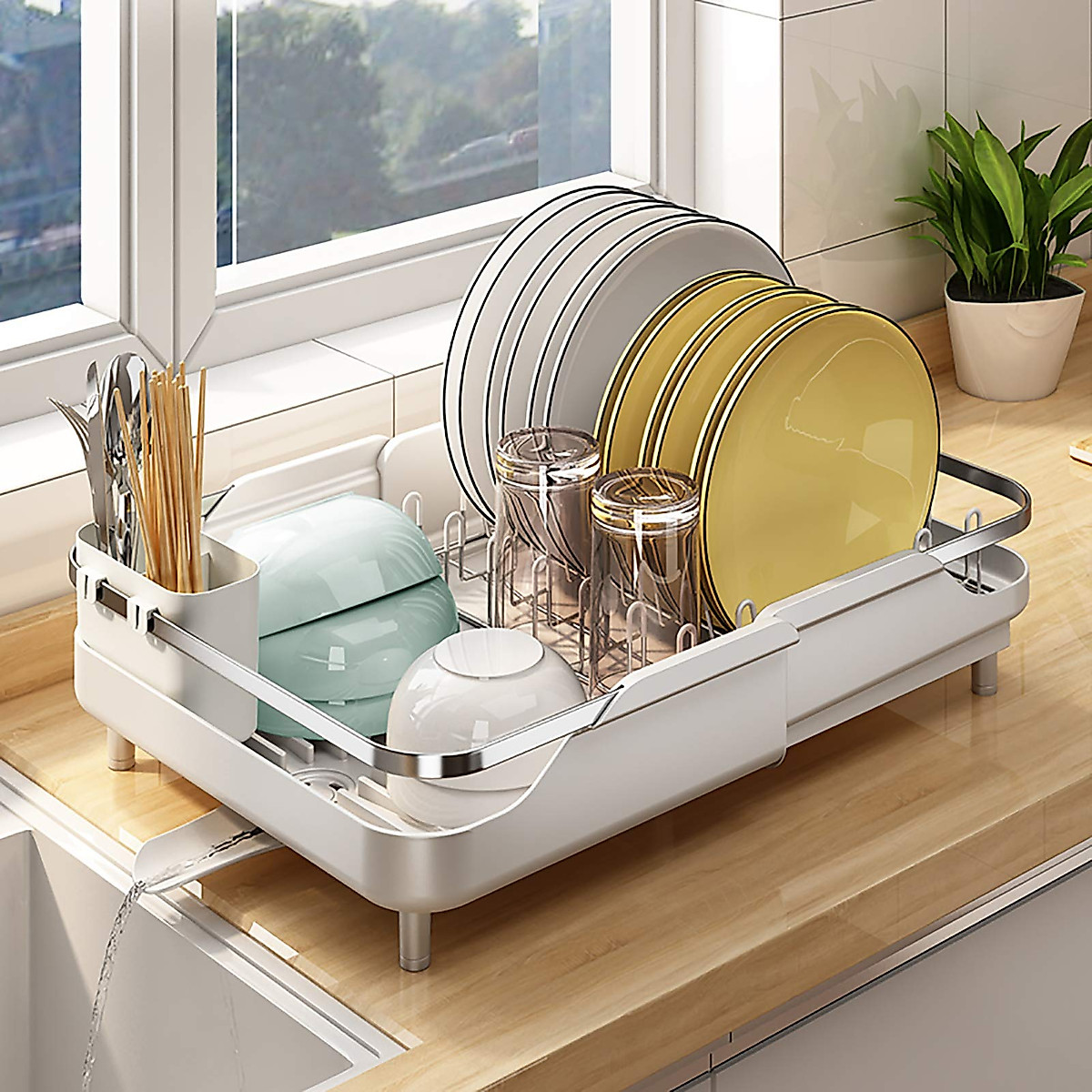 Dish Drying Rack, Stainless Steel Dish Rack and Drainaboard Set, Expandable(11.5"-19.3") Sink Dish Drainer with Cup Holder Utensil Holder for Kitchen Counter