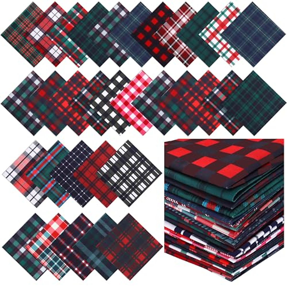 Preboun 300 Pcs 5 x 5 Inches Christmas Plaid Buffalo Check Fabric 25 Styles Buffalo Plaid Fabric Squares Polyester Fabric Scraps Quilting Squares for DIY Christmas Sewing Quilting Patchwork