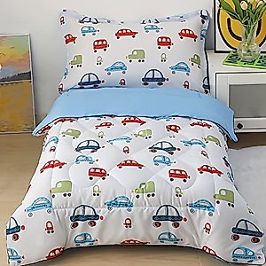 KINBEDY 4 Pieces White Toddler Bedding Sets for Boys Cars Blue Bed Sheets Set Cartoon Comforter Set for Baby Kids | Include Comforter, Flat Sheet, Fitted Sheet, Pillowcase