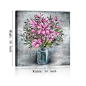 StrLon Bathroom Wall Decor Floral Canvas Wall Art Pink Flower in Blue Bottle Hand Painted Artwork for Kitchen Bedroom Office Ready to Hang Size 14"X14"