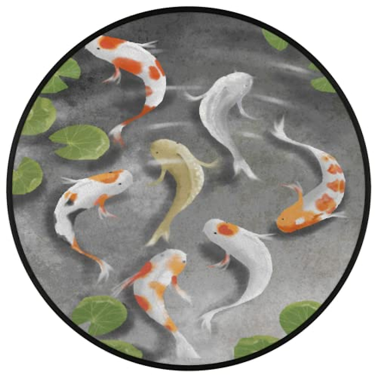 Traditional Fish Round Area Rug, Japanese Koi Fish Non-Slip Circle Rug for Bedroom Living Room Outdoor Study Playing Floor Mat Carpet, 5.2' Diameter