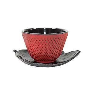 2 Sado Black Leaf Teacup Saucer+2 Red Polka Dot Hobnail Japanese Cast Iron Tea Cup Teacup
