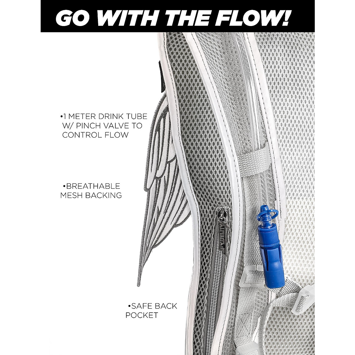 Fydelity Festival Hydration Backpack ANGEL WINGS Hydration Pack Festival Gear Retro Hydration Pack Backpack for Men and Women Hydrapak Water Backpack Festival backpack - Silver Metallic