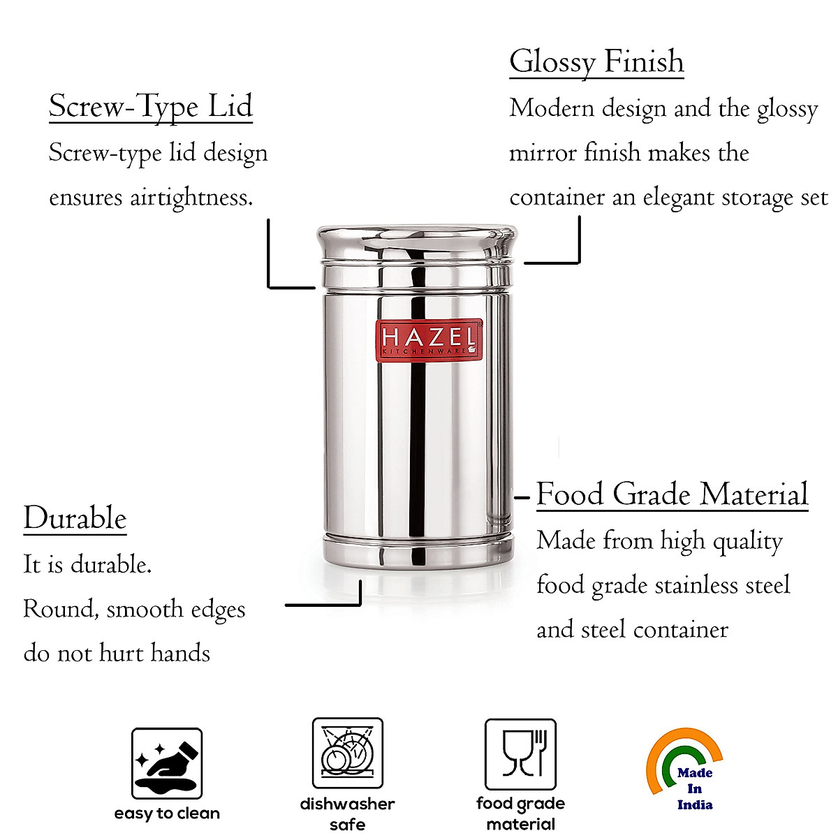 HAZEL Stainless Steel Container Set | 800 ml Set of 6 Steel Container for Kitchen Storage Set | Air Tight Containers for Kitchen Storage | Ideal for Storing Rice, Cereal, Pulse, Snacks.