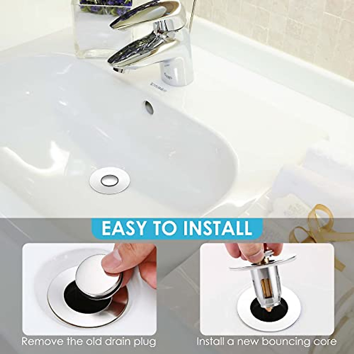 Drifop Universal Bathroom Sink Stopper, Pop-up Sink Drain Stopper, Sink Plug, Sink Strainer and Hair Catcher for 1.02-1.96” Bathroom Sink Drain Upgraded (Silver, 1 PCS)