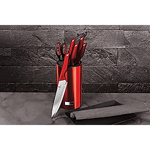 Berlinger Haus Kitchen Knife Set with Block, 7 Piece Knives Set for Kitchen, Modern Cooking Knives with Kitchen Shears, Sharp Cutting Stainless Steel Chef Knife Set with Mobile Stand, Red