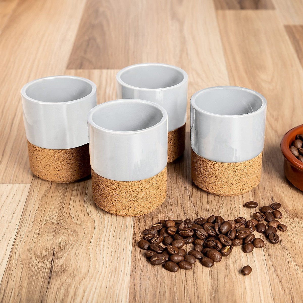 White Double Espresso Cups Set of 4 - Removable Cork Insulating Base Ceramic Coffee Cup Mug 4oz with Removable Cork Sleeve - Stackable - Handleless