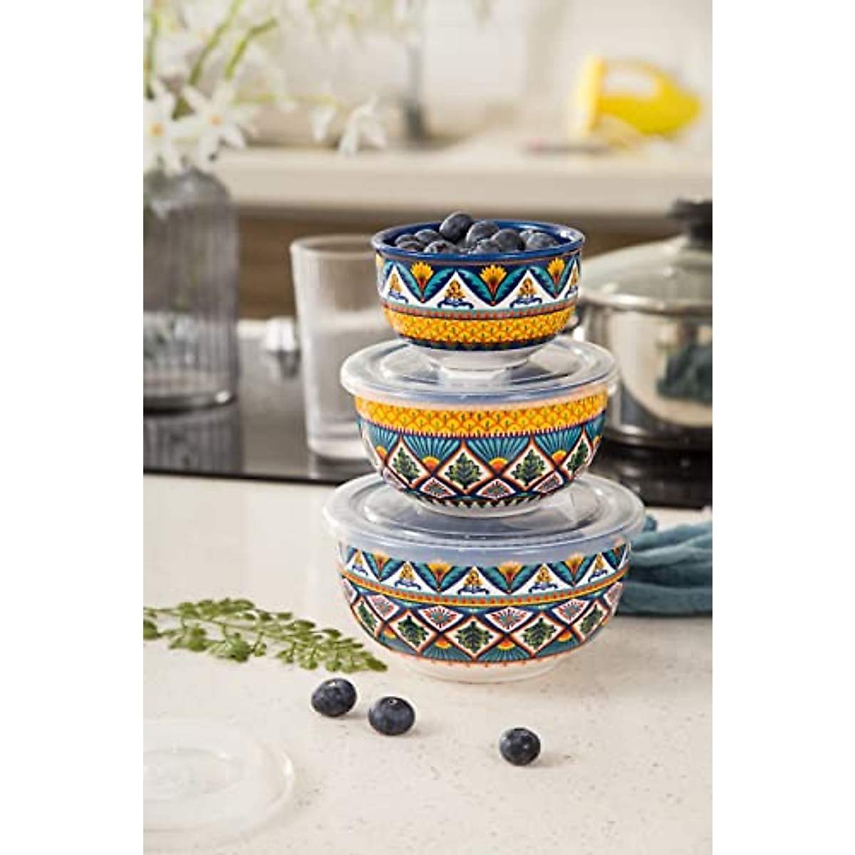 Bico Havana Ceramic Bowl with Air Tight Lid Set of 3(27oz, 18oz, 9oz each), Prep bowls, Food Storage Bowl for Salad, Snacks, Fruits, Microwave and Dishwasher Safe