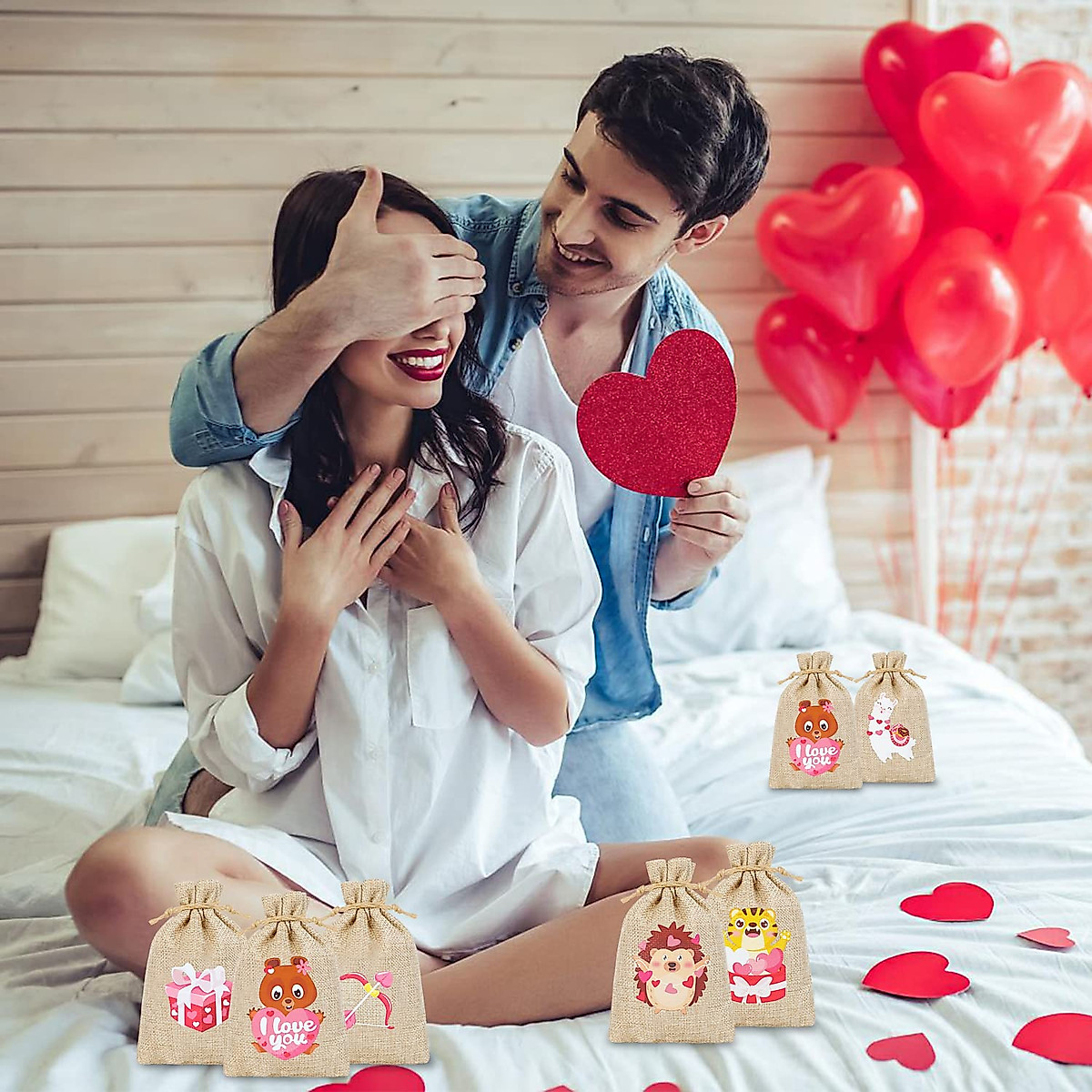 CCINEE 36PCS Valentine's Day Burlap Bags, 4"x6" Heart Love Shaped Drawstring Gift Bags Candy Pouches Linen Pockets for Valentine's Day Wedding Birthdays Party Favor Gift Bags