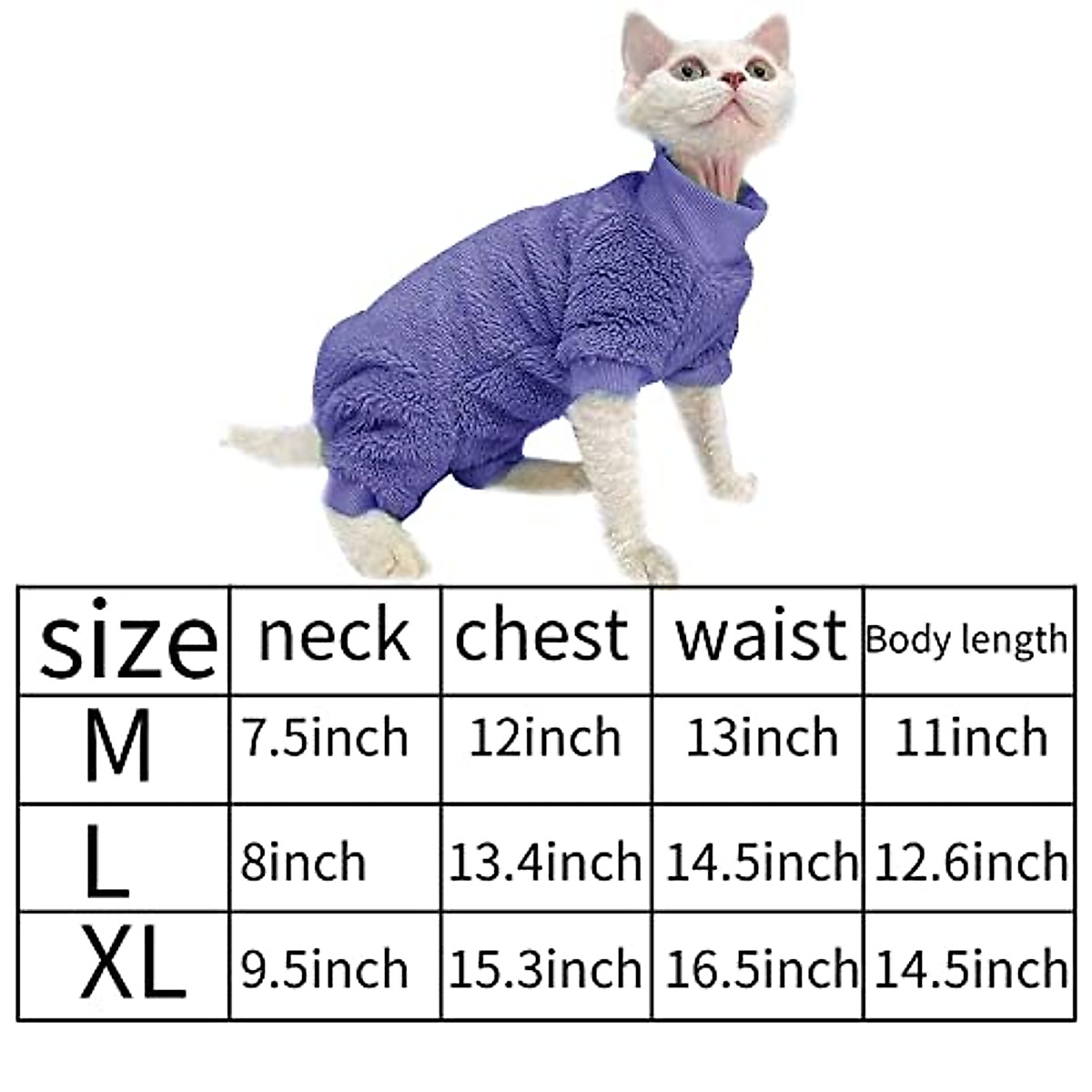 Toysructin Pet Hairless Cat Clothes, Solid Color Cat Four-Leg Jumpsuit Coat Plush Warm Turtleneck Sweater Shirt for Small Medium Large Cats, Soft Thick Kitten Pullover Pajamas for Sphynx, Cornish Rex