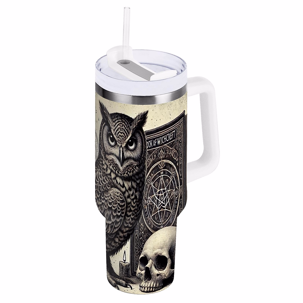 ODAWA Mystic Owl Skull Coffee Tumbler with Lid and Straw Insulated Mug 30 Oz Stainless Steel Water Bottles