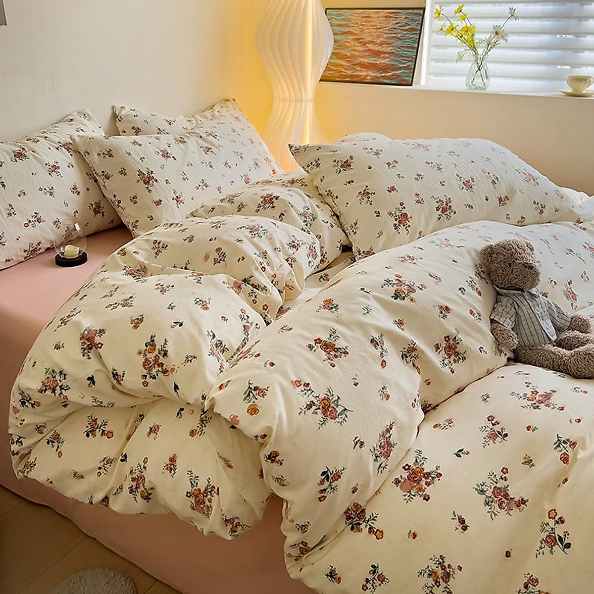 HOLY HOME Floral Bedding Set, Duvet Cover Set, 4 Pieces Spring Rose Flower Bedclothes with Pillowcases, Zipper Closure/Corner Ties (Rose Island, Queen)