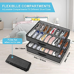 2 Pack Under Bed Shoe Storage Organizer for Closet, Fits Total 32 Pairs Foldable Underbed Shoes Containers Boxes Under the Bed Storage Bedding with Sturdy Handles&Clear Window for College Dorms, Grey