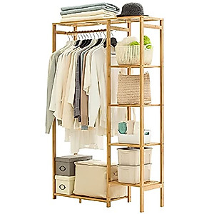 Jotsport Bamboo Clothing Rack with 6 Tier Storage Shelf Multifunctional Garment Organizer Wardrobe Closet for Guest Room Kids Baby Bedroom Entryway