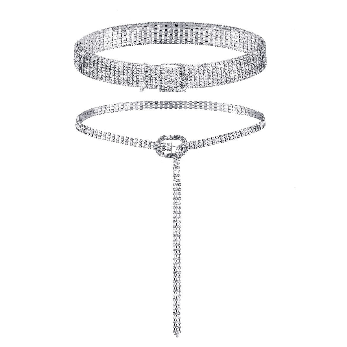 Geyoga 2 Pieces Women Rhinestone Belt for Dress Crystal Diamond Waist Belt Shiny Rhinestone Wide Waist Belt Ladies Belt (Silver,X-Large, Fit Waist Size 43-48 Inch)