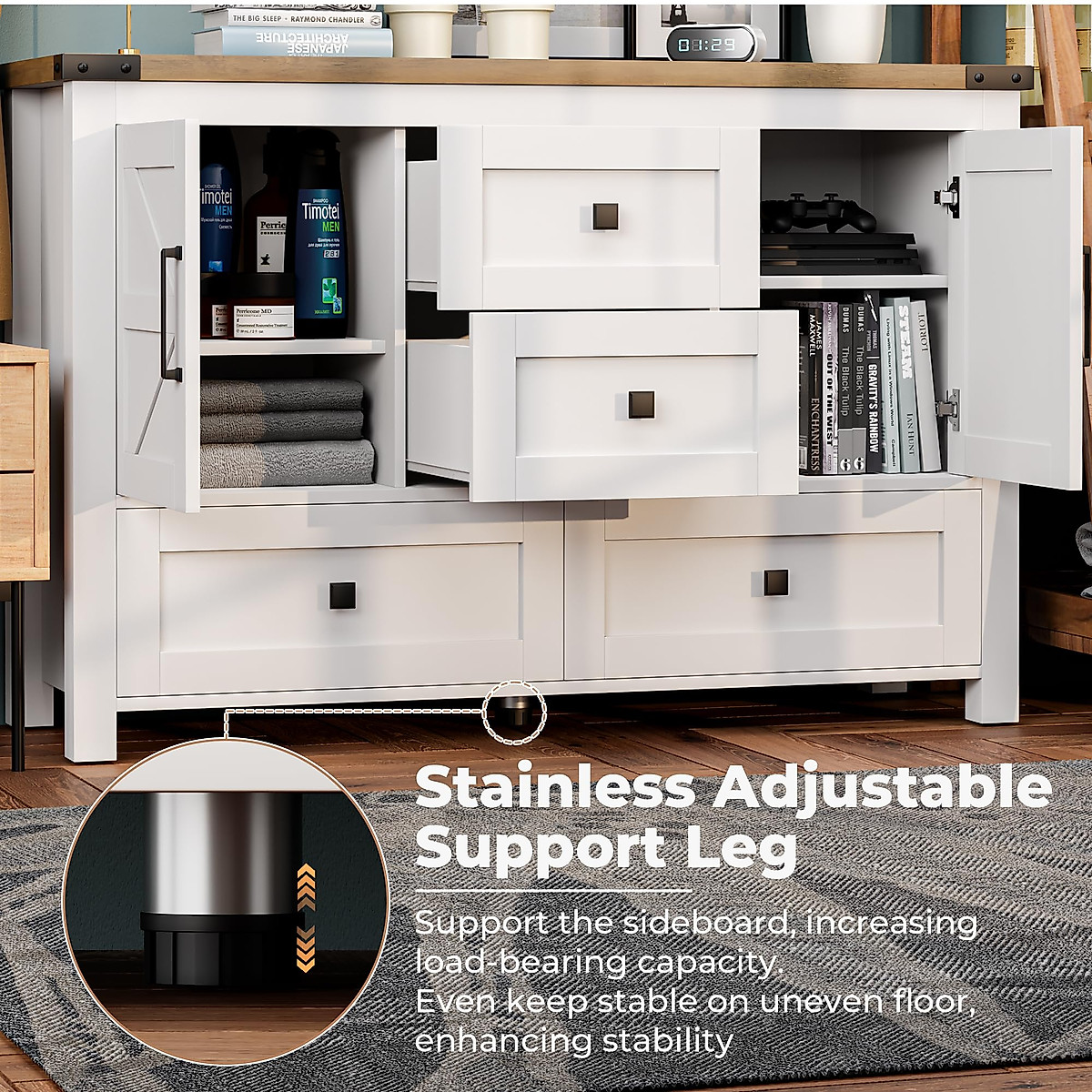 VVFLU Farmhouse White Dresser for Bedroom with 4 Drawers and 2 Barn Doors, White Wood Chest of Drawers 47 Inch Wide, Large, Long, Adjustable Shelves, 5 Legs, Living Dining Room, Entryway, Hallway