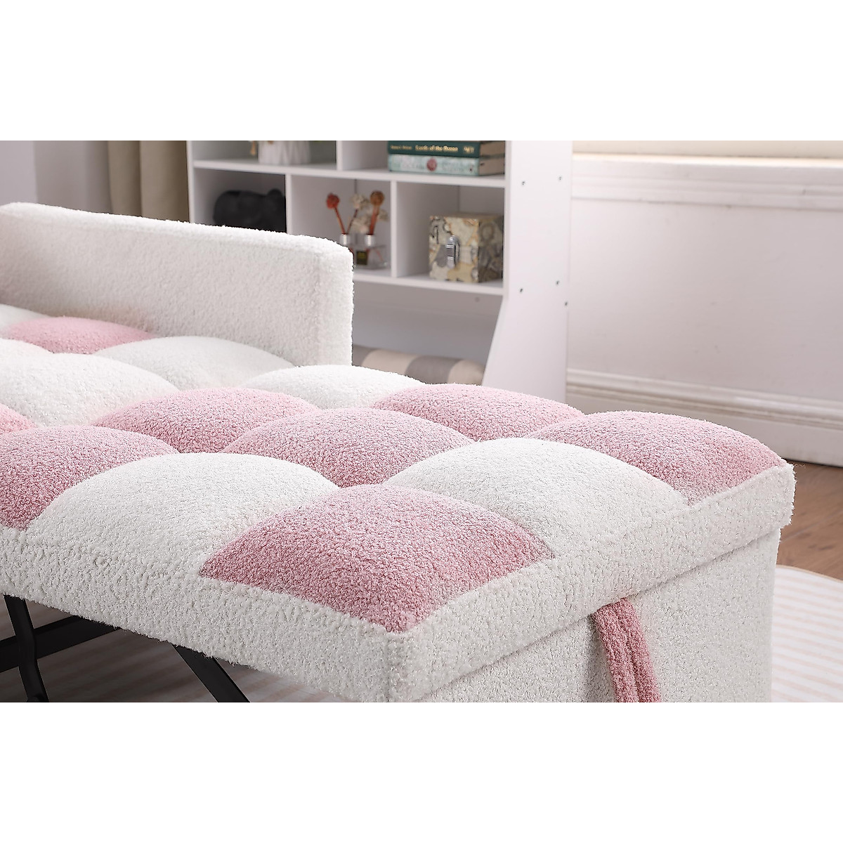 Lakifun 3-in-1 Single Convertible Chair Bed,Single Sleeper Sofa Chair Bed with Pillowand Pocket, Multi-Functional Sleeper Chair Livingroom Chair with Teddy Fabric (White&Pink)