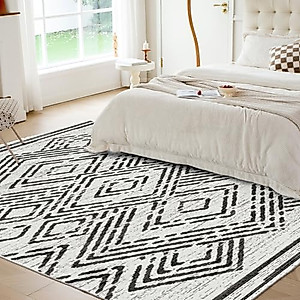 Syalife Boho Area Rug, Non Shedding 8x10 Washable Rug with Non Slip Backing, White and Black Modern Geometric Carpet, Indoor Bohemian Rug for Living Room Entryway Bedroom Kitchen - White, Black