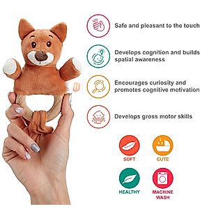 Donty-Tonty Premium Wood Baby Teether Rattle Toy Easter Baby Gift - Animals Soft Plush Shaker Toy with Natural Wooden Teething Ring Toddler, Newborn Boy, Girl, Gifts for 0 3 6 9 12 Months - Red Fox