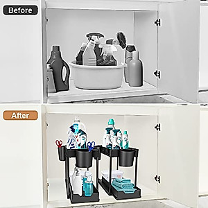 Under Sink Organizers And Storage 2 Pack Under Sink Organizer Under Sink Storage for Bathroom 8 Hooks And 4 Hanging Cups, The Bottom is Pull-Ou Tstorage, Suitable for Kitchen, Bathroom, Study Black