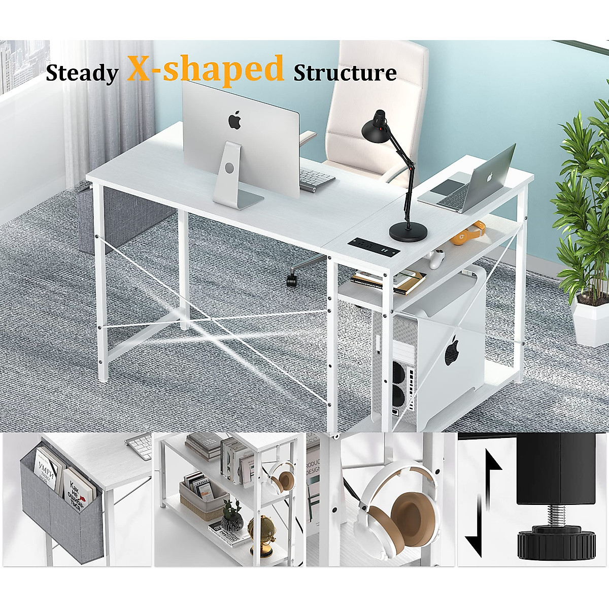 Mr IRONSTONE L Shaped Desk with Outlets & USB Ports, Reversible 47 Inch Office Desk, Corner Desk for Small Space, Home Office Desk with Storage Bag & Hook, White