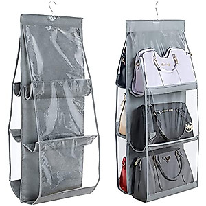 inheming Hanging Purse Handbag Organizer, Clear Dust Cover Space Saver Storage Holder Bag, 6 Pockets Wardrobe Closet Handbags Storage(Gray)