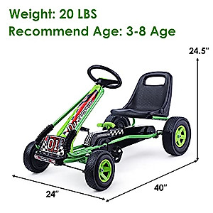 Costzon Go Kart for Kids, 4 Wheel Off-Road Pedal Go Cart w/Adjustable Seat, Steering Wheel, 2 Safety Brakes, EVA Rubber Tires, Ride-On Toys for Boys & Girls, Outdoor Racer Ride On Pedal Car (Green)