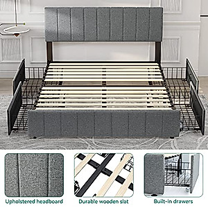 YITAHOME Upholstered Platform Bed Frame with 4 Storage Drawers and Adjustable Headboard, Mattress Foundation with Sturdy Wood Slat Support, No Box Spring Needed, Grey(Queen)
